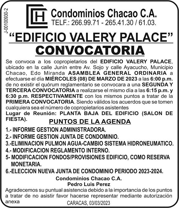 CONVOCATORIA EDIFICIO VALERY PALACE